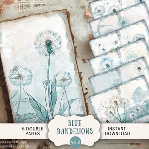 Blue Dandelions Junk Journal Pages, 6 Digital Scrapbook Pages, 11 X 8.5 ...