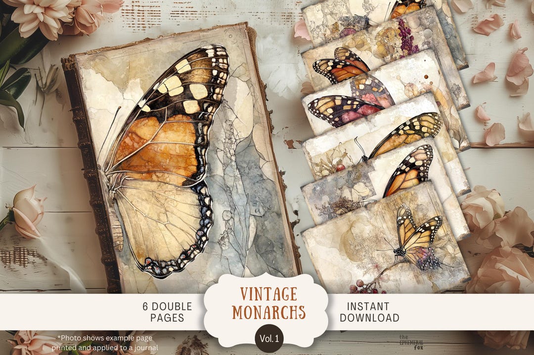Vintage Monarch Butterfly Junk Journal Pages 6 Digital Scrapbook Papers ...