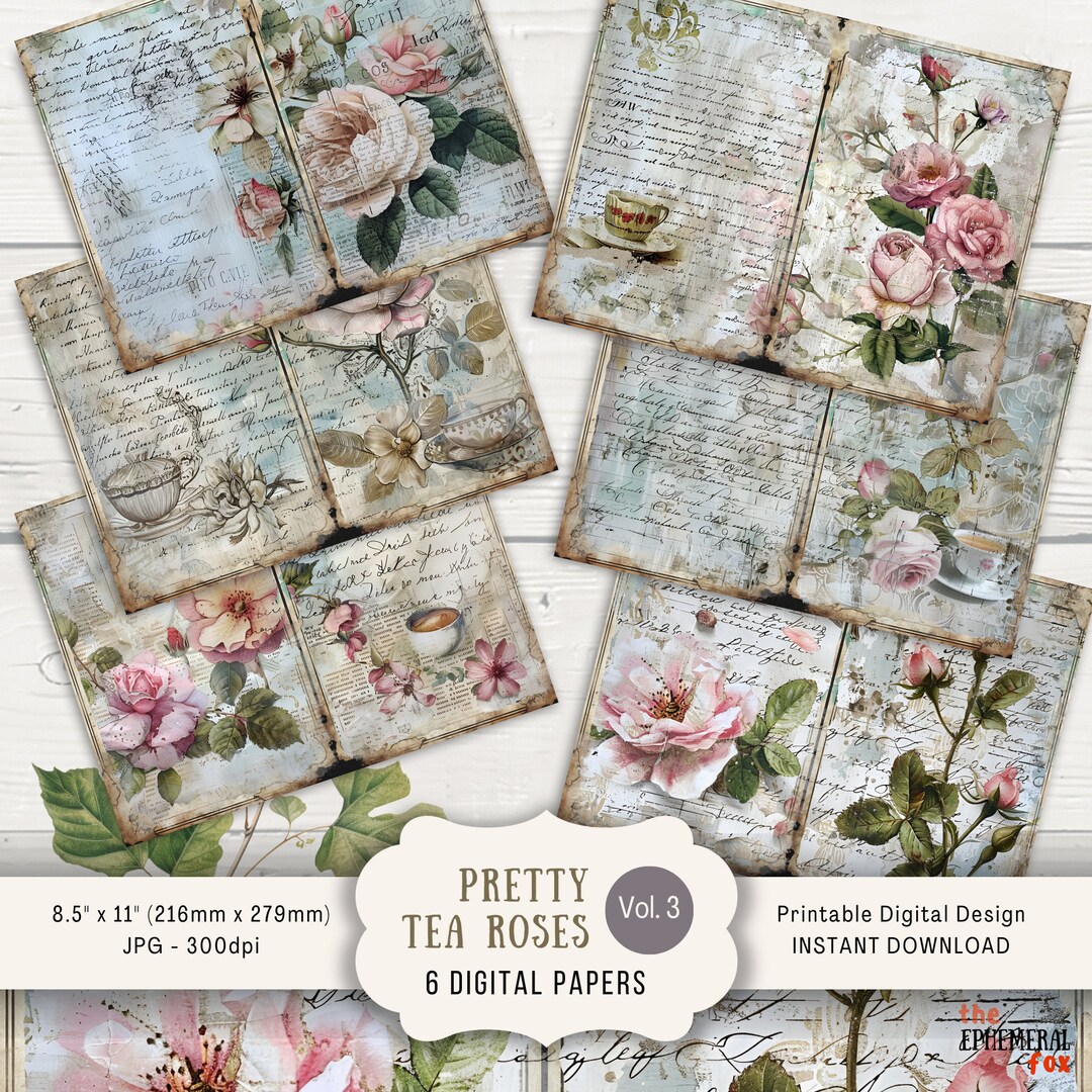 Vintage Tea Rose Junk Journal Pages 6 Digital Scrapbook Pages 11 X 8.5 ...