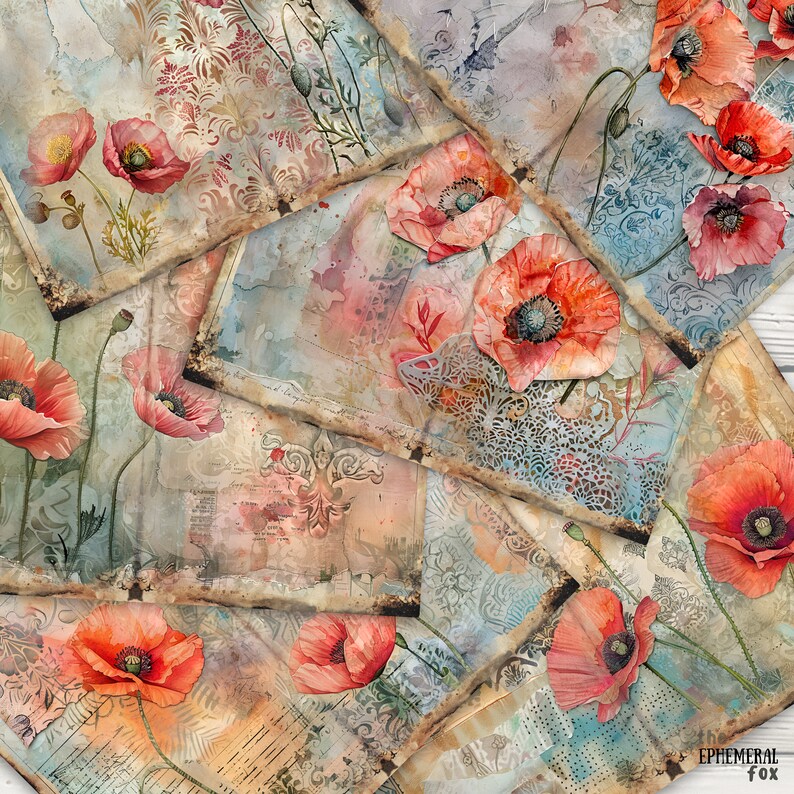 Vintage Poppy Junk Journal Pages, 6 Digital Scrapbook Pages, 11 X 8.5 ...