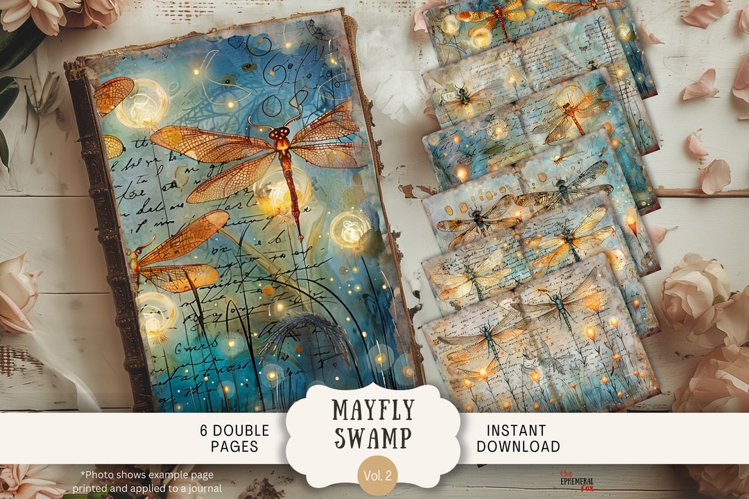 Mayfly Swamp Junk Journal Pages, 6 Digital Scrapbook Pages, 11 X 8.5" Art Printable Journal ...