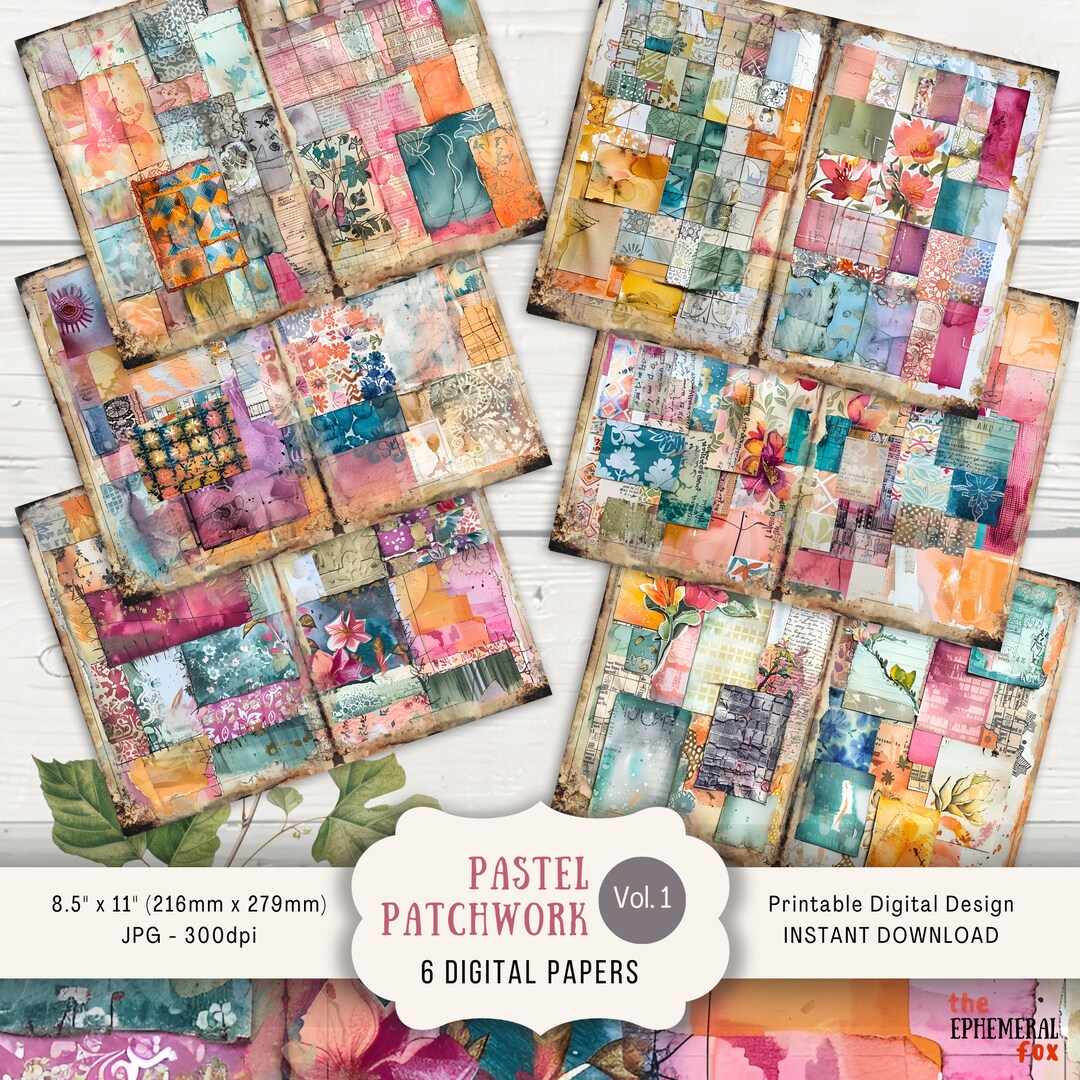 Pastel Patchwork Junk Journal Pages 6 Digital Scrapbook Pages 11 X 8.5 ...