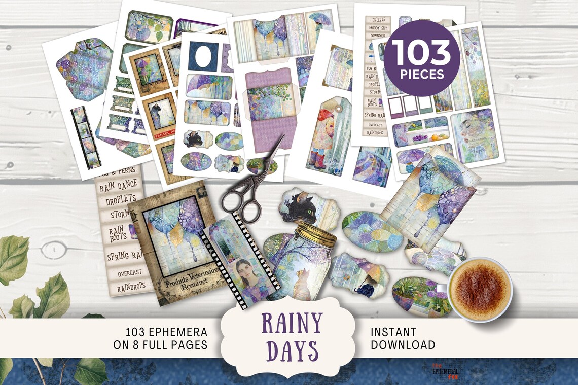 Rainy Day BUNDLE Junk Journal Kit Printable Papers Tags Tickets ...
