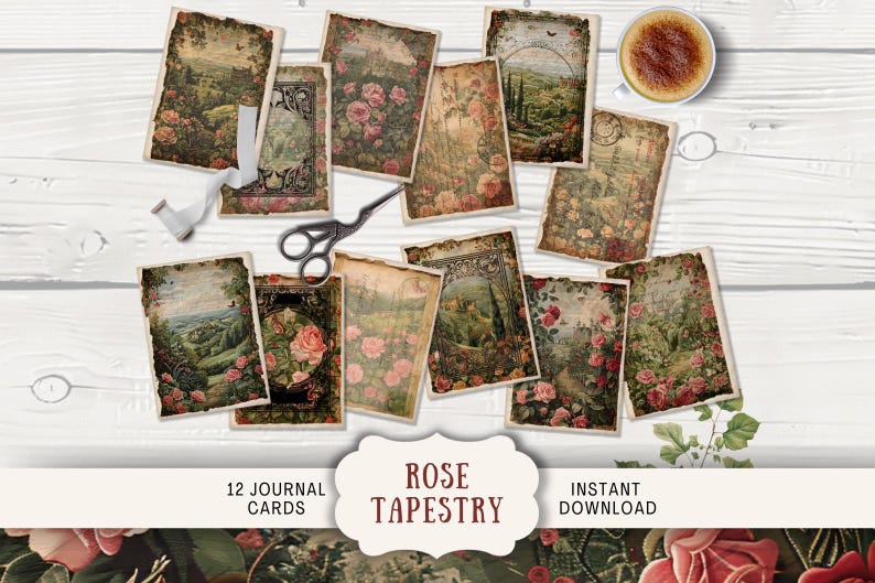 Rose Tapestry Junk Journal Kit Printable Papers Tags Tickets Envelopes ...