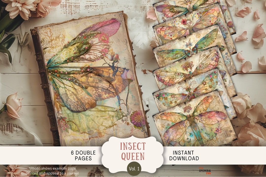 Insect Queen Junk Journal Pages, 6 Digital Scrapbook Pages 11 X 8.5 ...