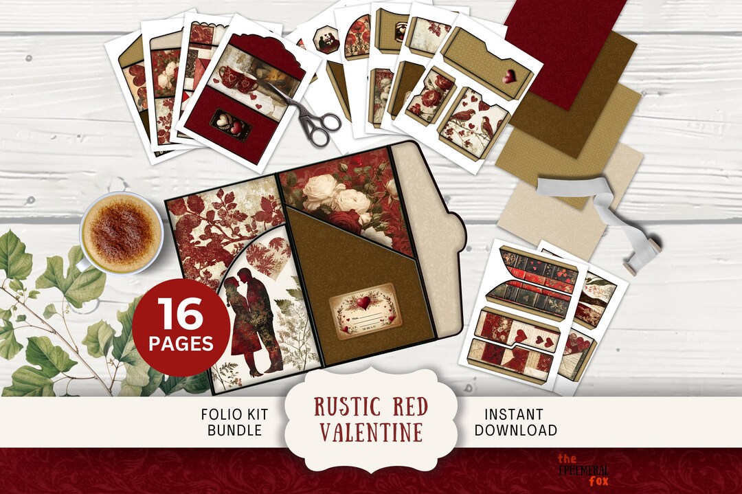 Rustic Red Valentine Junk Journal Folio Kit, 16 Digital Mix and Match ...
