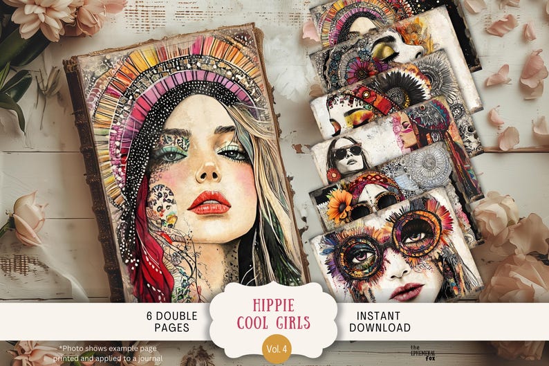 Cool Hippie Girl Junk Journal Pages 6 Digital Scrapbook Papers 11 X 8.5 ...