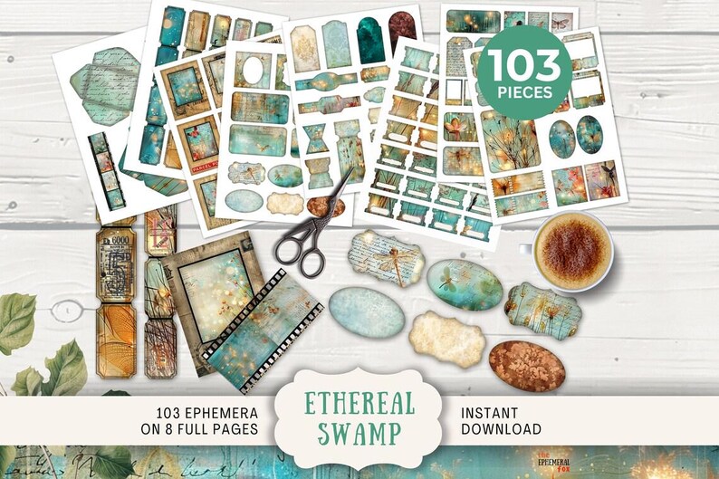 Ethereal Swamp Junk Journal Kit Printable Papers Tags Tickets Envelopes ...