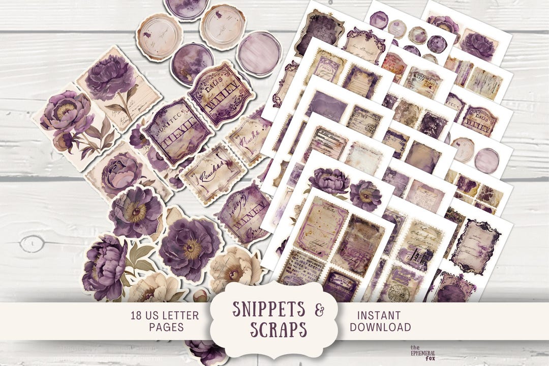 Snippets & Scraps Kit PURPLE 18 Printable Junk Journal Ephemera Pages ...