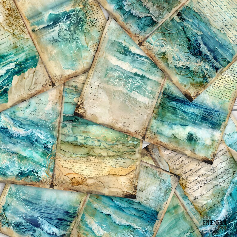 Watercolor Waves Junk Journal Pages, 6 Digital Scrapbook Pages, 11 X 8. ...