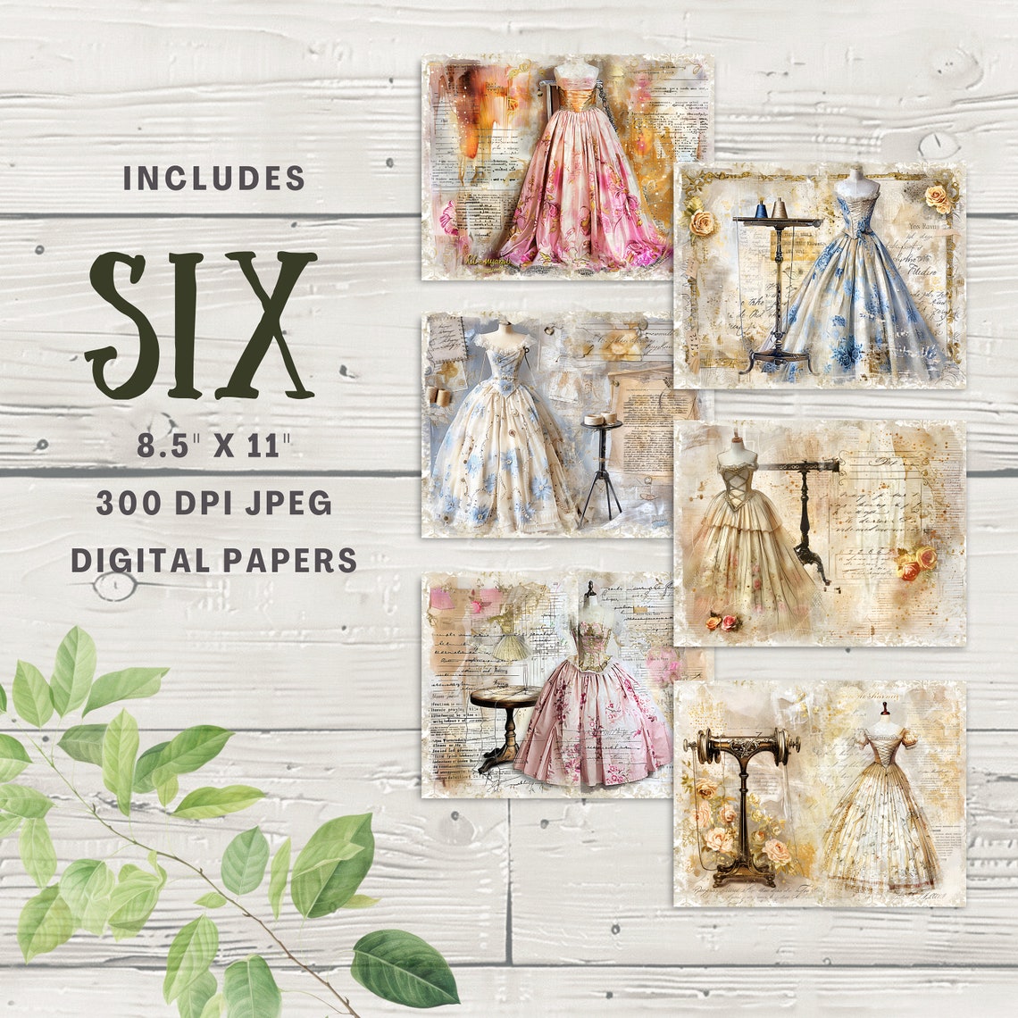 Ballgown Dressmaker Junk Journal Pages, 6 Digital Scrapbook Pages 11 X ...