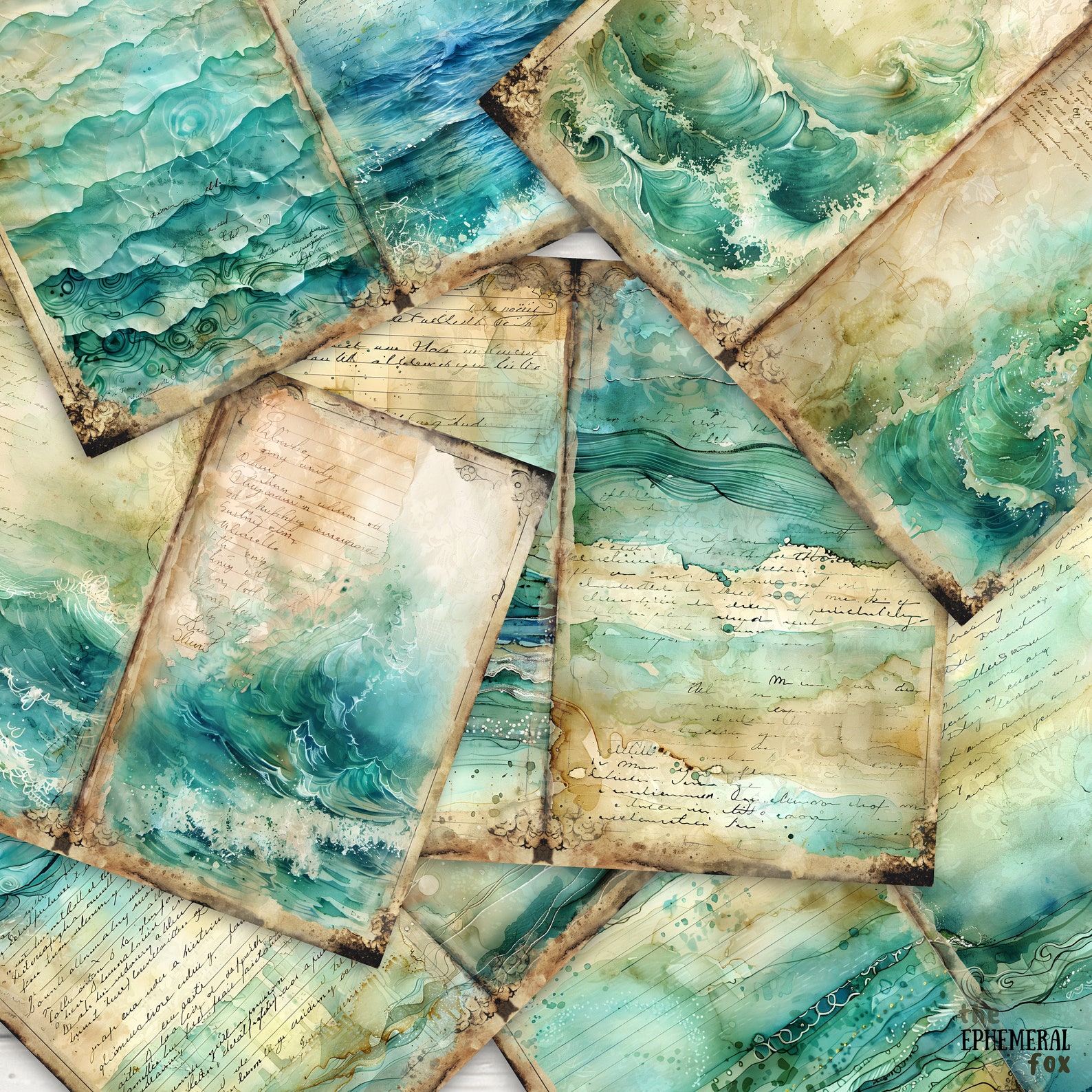 Watercolor Waves Junk Journal Pages, 6 Digital Scrapbook Pages, 11 X 8. ...