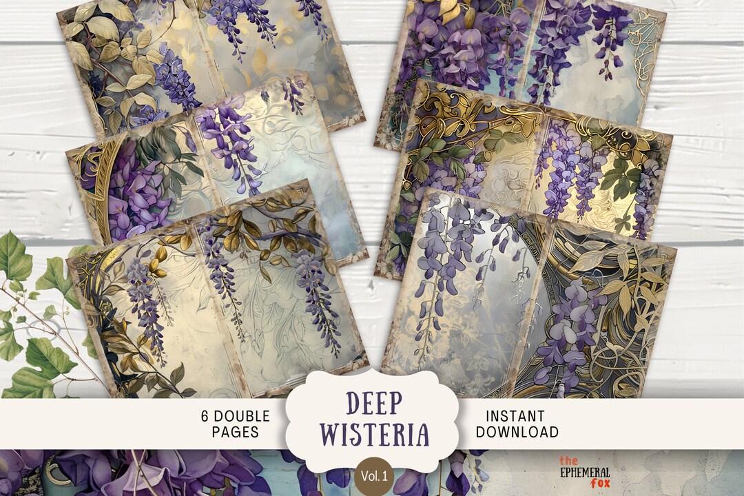Gold Wisteria Junk Journal Pages, 6 Digital Scrapbook Pages, 11 X 8.5 ...