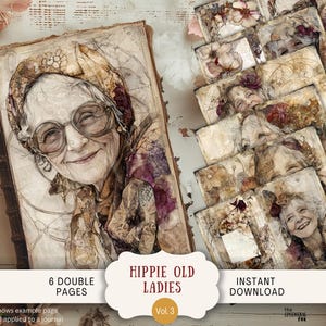 Hippie Old Lady Junk Journal Pages 6 Digital Scrapbook Paper 11 X 8.5 ...