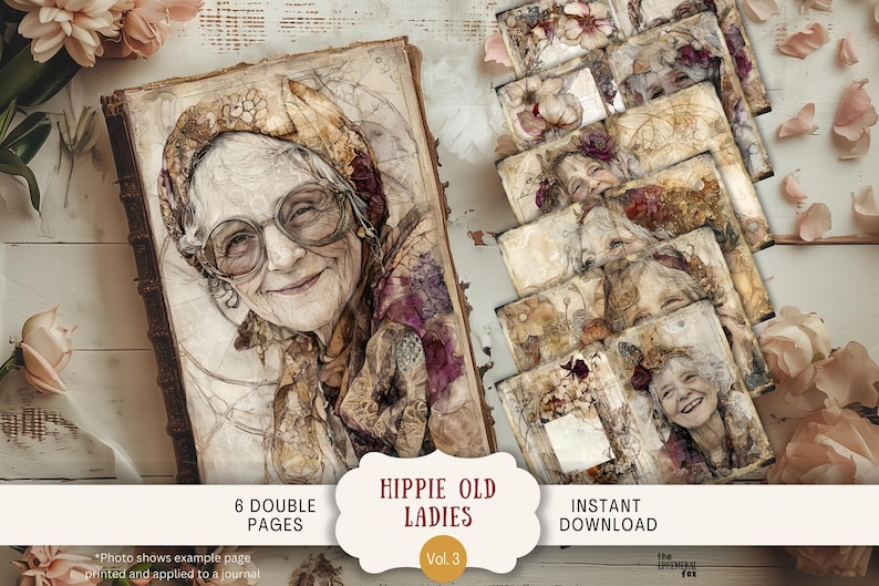 Hippie Old Lady Junk Journal Pages 6 Digital Scrapbook Paper 11 X 8.5 ...