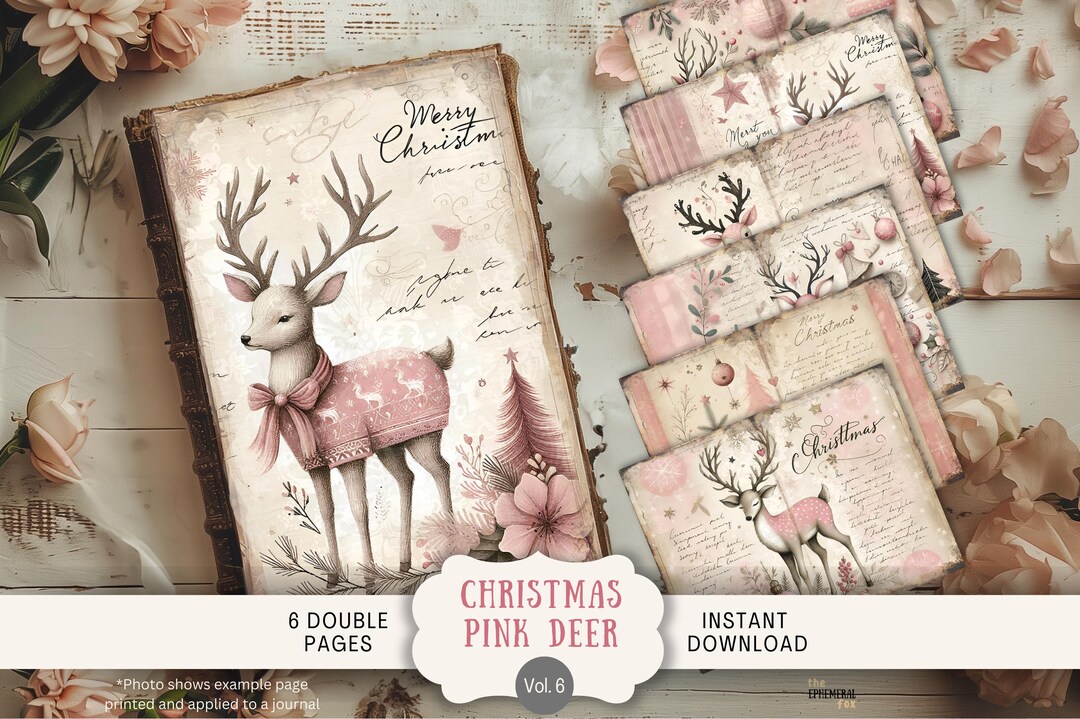 Pink Christmas Deer Junk Journal Pages, 6 Digital Scrapbook Papers 11 X ...
