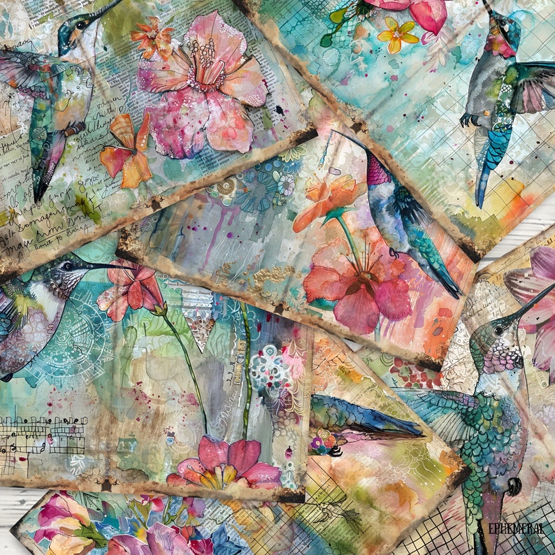 Patchwork Hummingbird Junk Journal Pages, 6 Digital Scrapbook Paper 11x ...