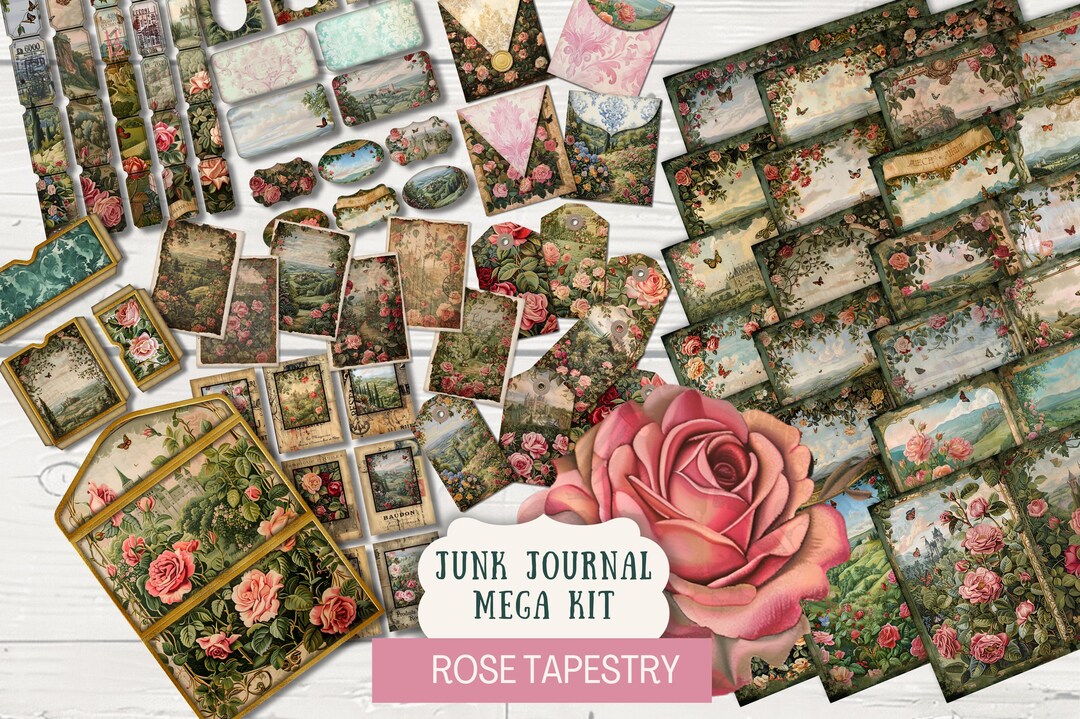 Rose Tapestry Junk Journal Kit Printable Papers Tags Tickets Envelopes ...