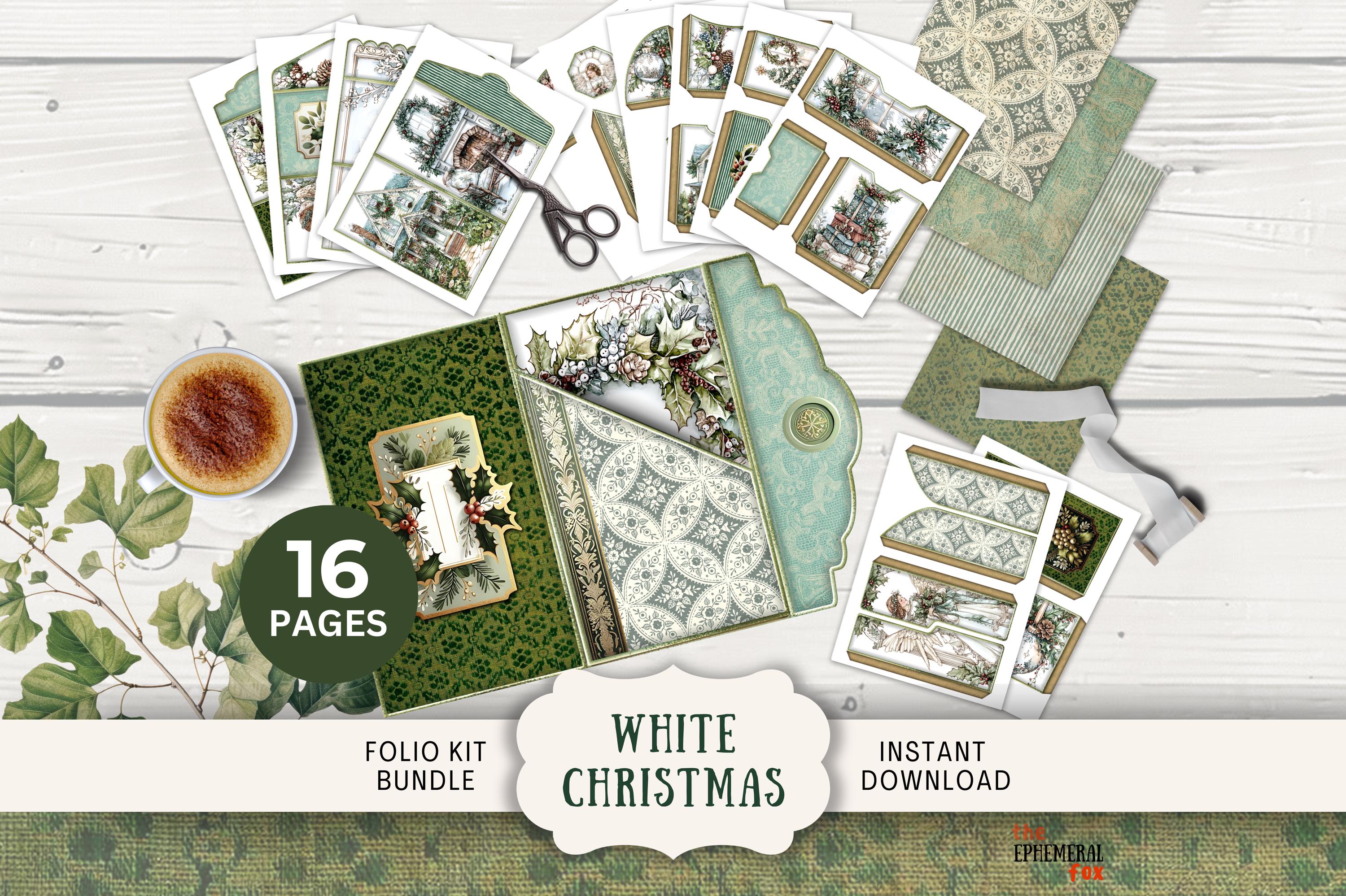 Sage Green & White Christmas Junk Journal Folio Kit, 16 Digital Mix and ...