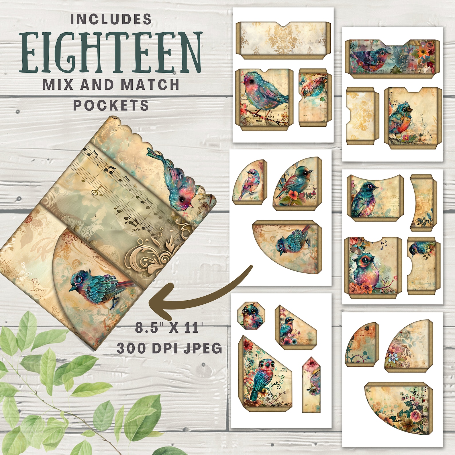 Quirky Birds Junk Journal Folio, 16 Digital Mix and Match Pages and ...
