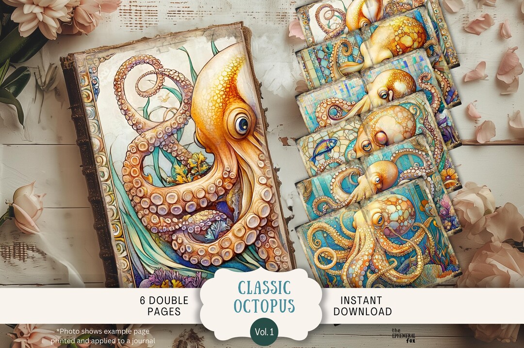 Octopus Junk Journal Pages 6 Digital Scrapbook Paper 11 X 8.5" Art ...