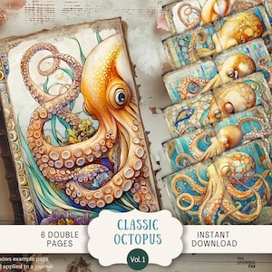 Octopus Junk Journal Pages 6 Digital Scrapbook Paper 11 X 8.5" Art ...