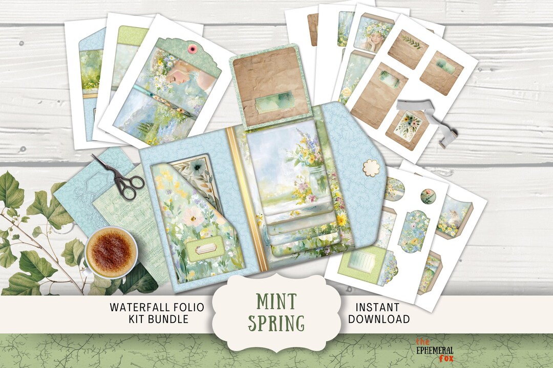 Mint Spring Waterfall Junk Journal Folio Kit, Digital Mix & Match Bases ...