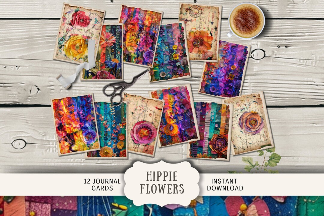 70s Groovy Hippie Journal Cards, 12 Digital Junk Journal Cards ...