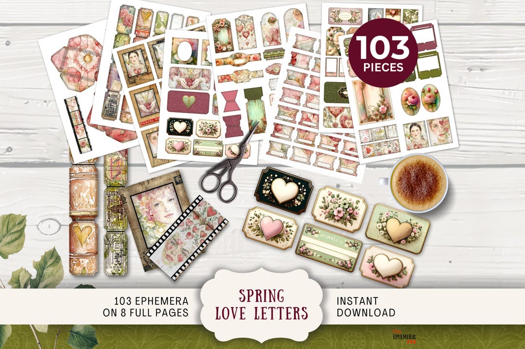 Spring Love Letter Junk Journal Ephemera Kit- Tags Tickets Mini ...