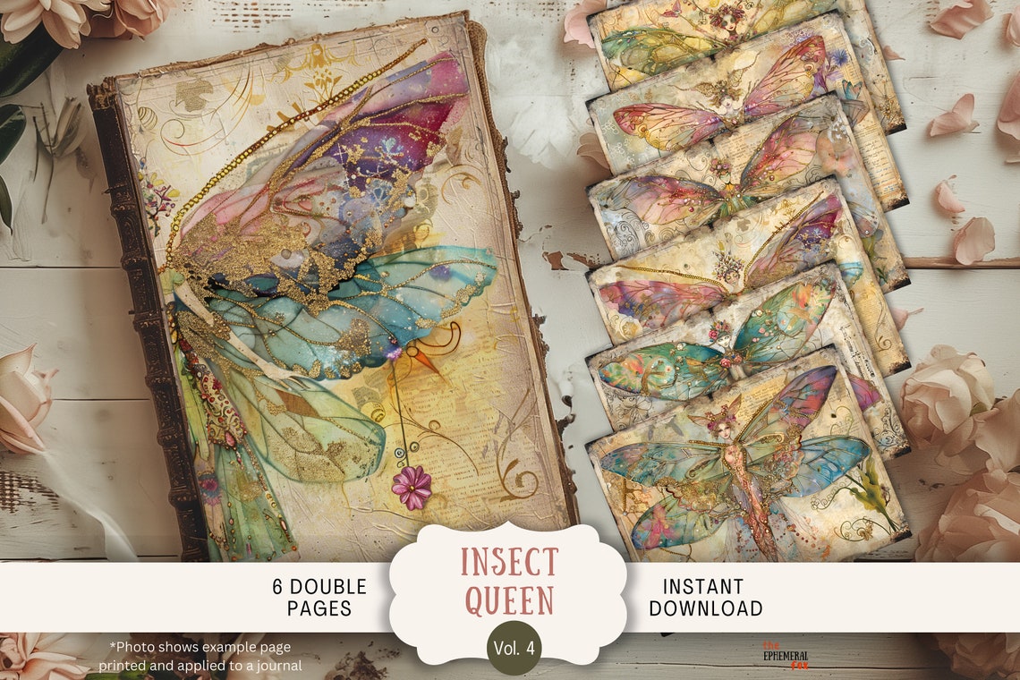 Insect Queen Junk Journal Pages, 6 Digital Scrapbook Pages 11 X 8.5 Art ...