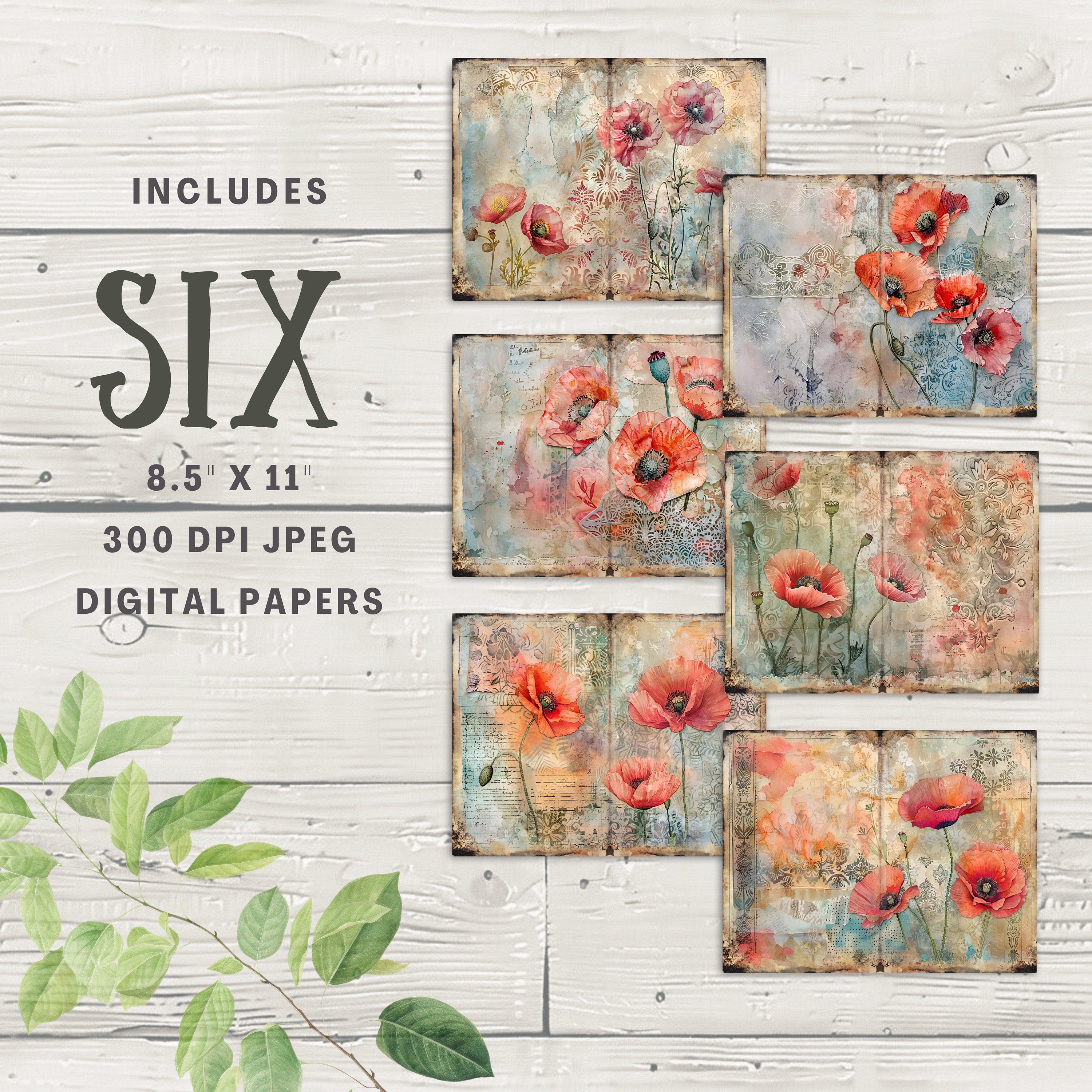 Vintage Poppy Junk Journal Pages, 6 Digital Scrapbook Pages, 11 X 8.5 ...