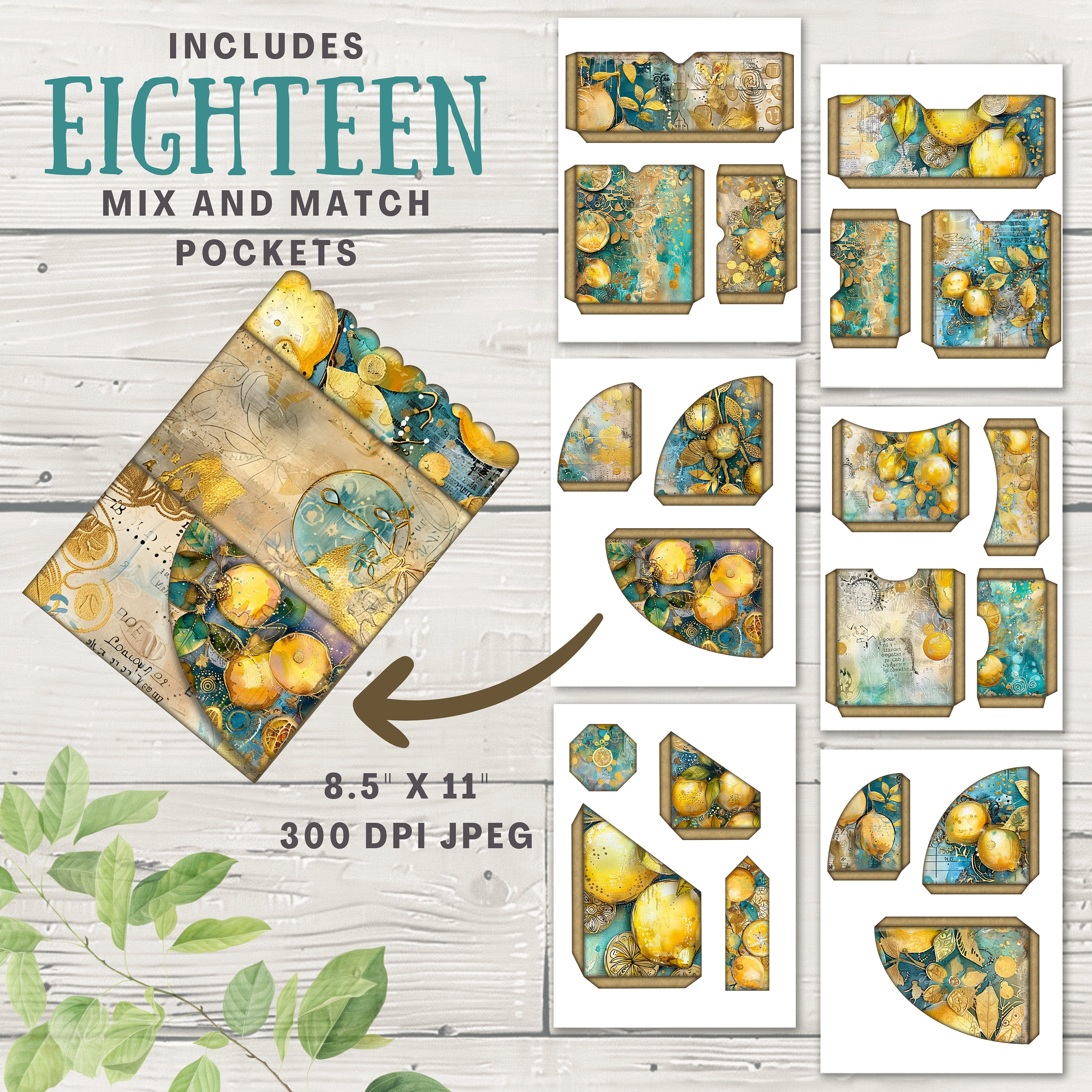 Teal Lemon Junk Journal Folio, 16 Digital Mix and Match Pages and ...