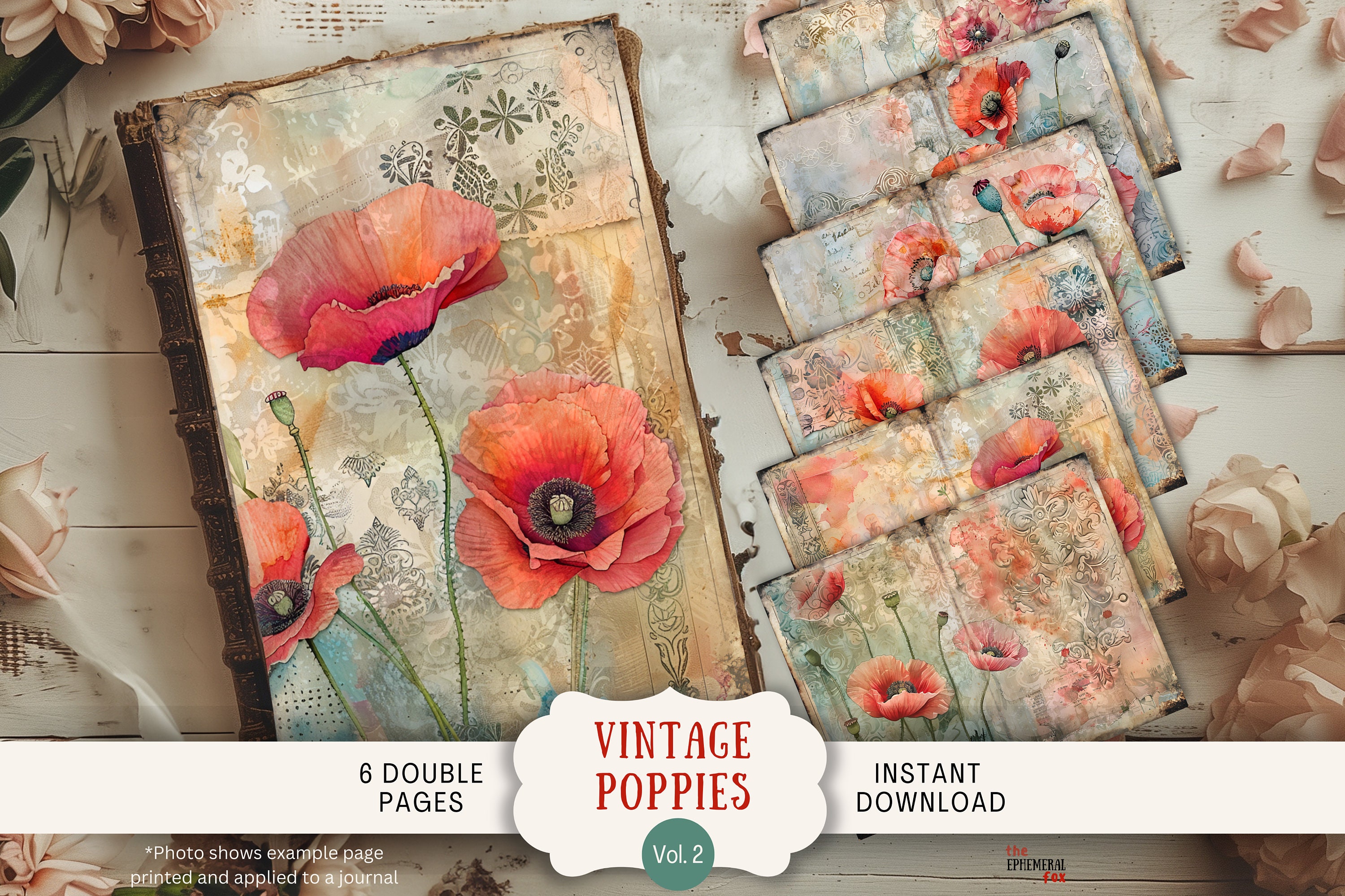 Vintage Poppy Junk Journal Pages, 6 Digital Scrapbook Pages, 11 X 8.5 ...