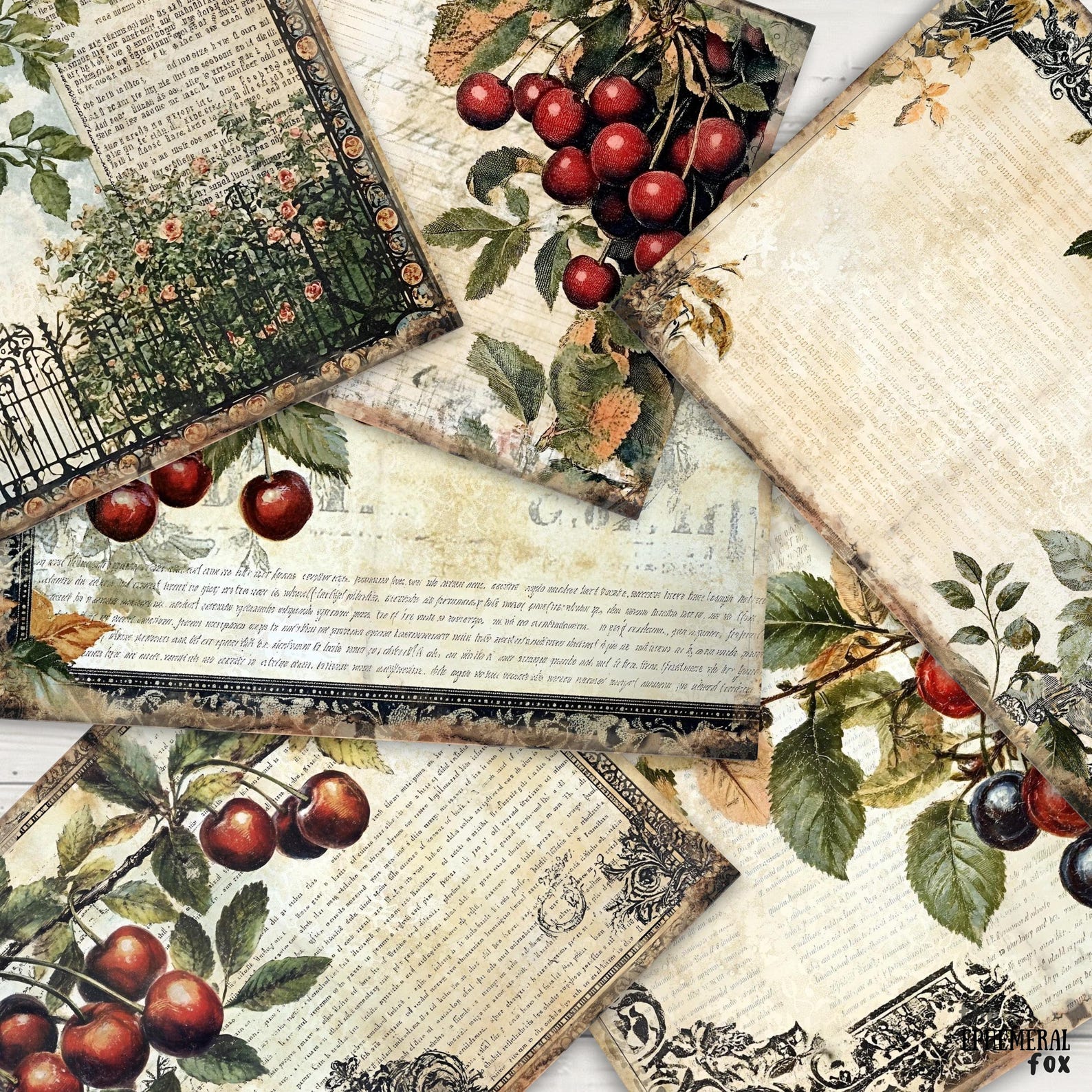 Vintage Cherries Junk Journal Pages Digital Scrapbook Papers Printable ...
