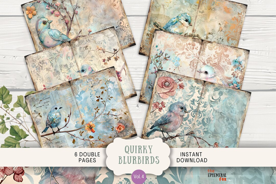 Quirky Blue Bird Junk Journal Pages, 6 Digital Scrapbook Pages, 11 X 8. ...
