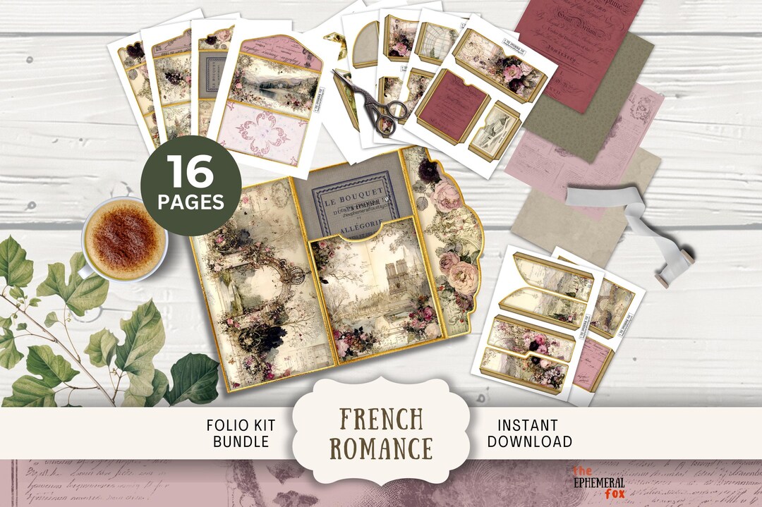 French Romance Junk Journal Folio Kit, 16 Digital Mix and Match Pages ...