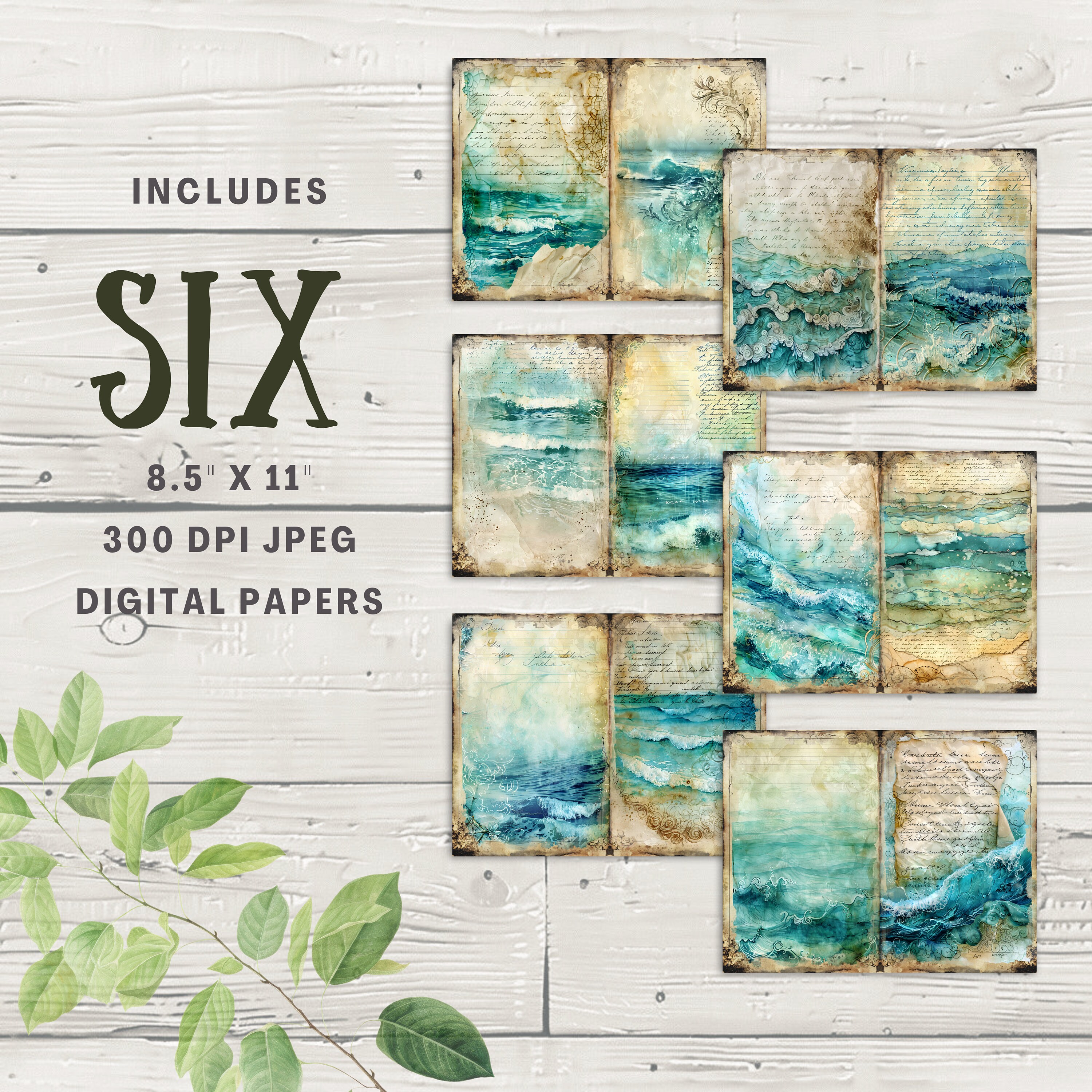 Watercolor Waves Junk Journal Pages, 6 Digital Scrapbook Pages, 11 X 8. ...