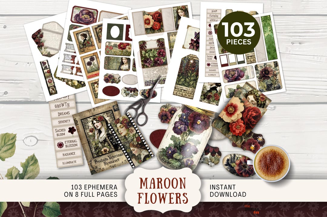 Maroon Flowers Junk Journal Ephemera Kit- Tags Tickets Envelopes ATC ...