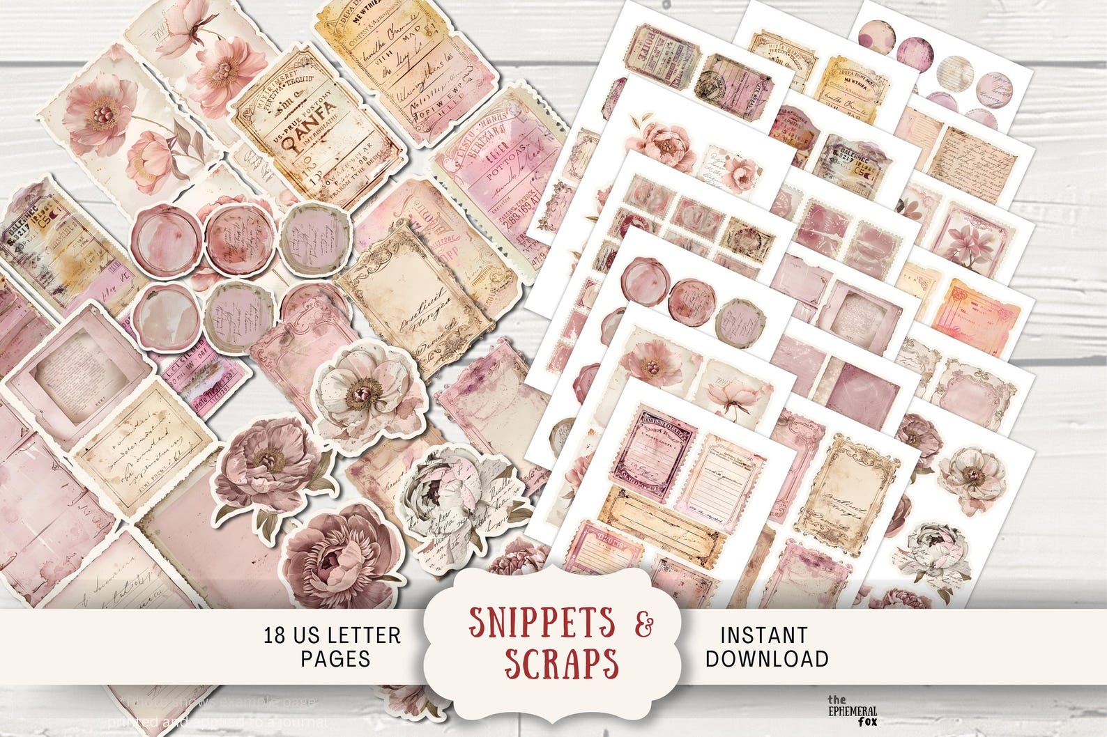 Pink Snippets & Scraps Kit – 18 Printable Junk Journal Ephemera Pages ...