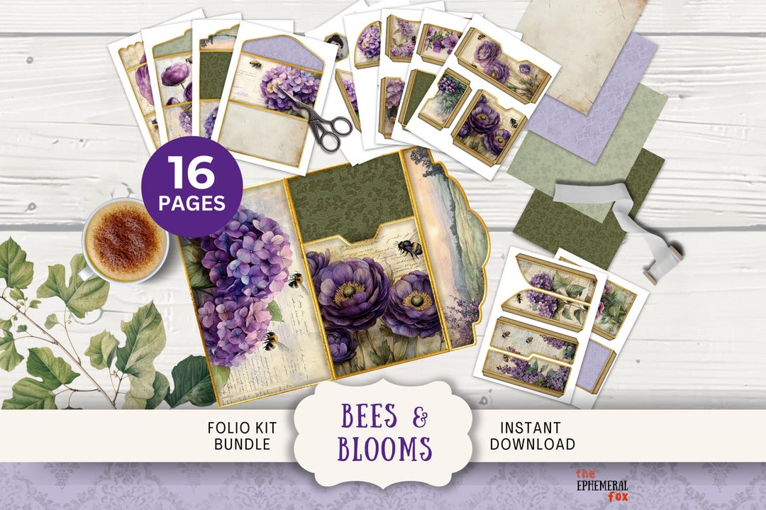 Bees & Blooms Junk Journal Folio Kit, 16 Digital Mix and Match Pages ...