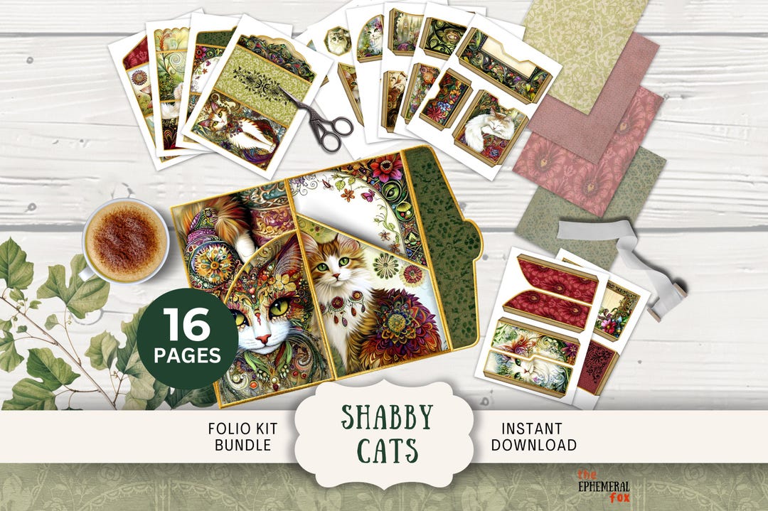 Shabby Cat Junk Journal Folio 16 Digital Mix and Match Pages & Pockets ...