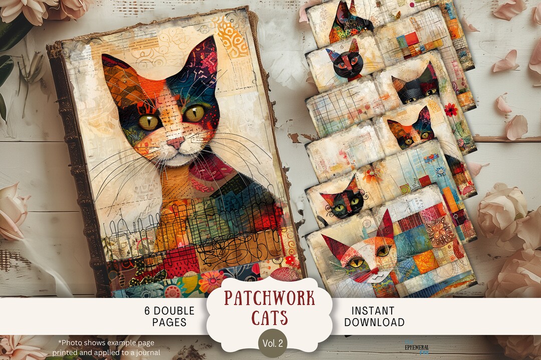 Cats in Patchwork Junk Journal Pages, 6 Digital Scrapbook Pages 11 X 8. ...