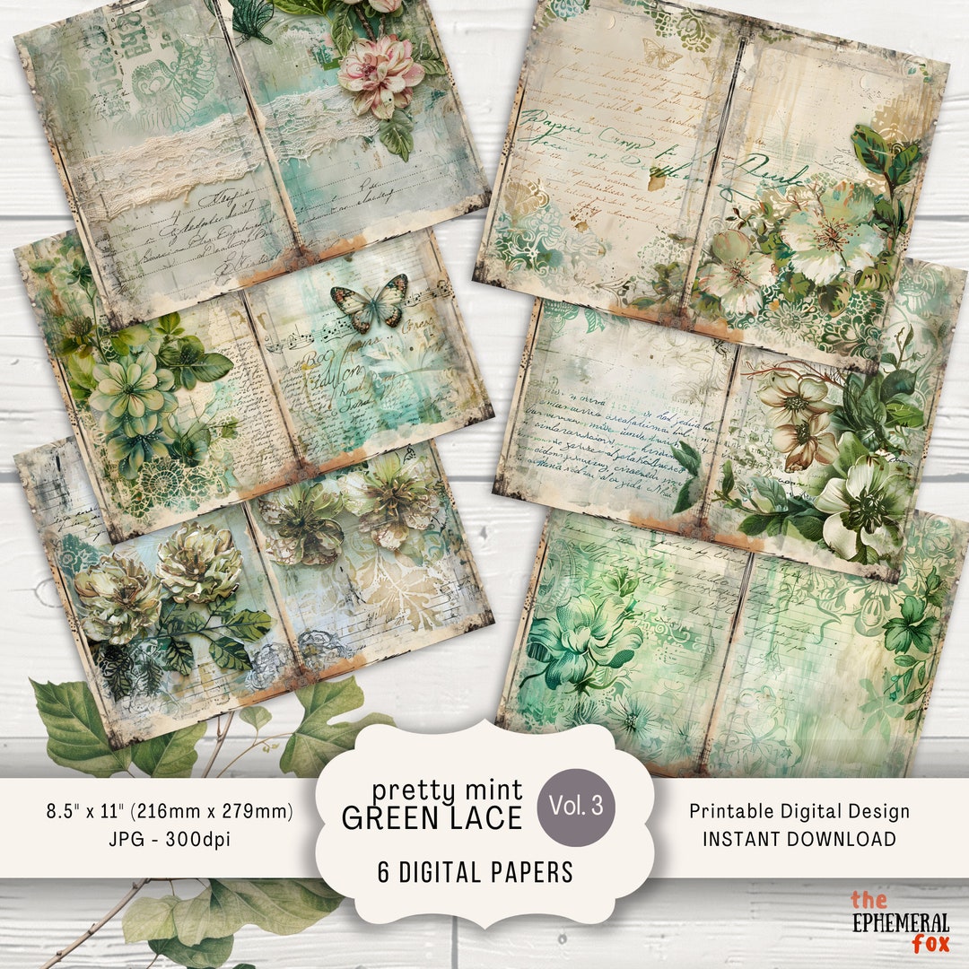 Vintage Mint Green Journal Papers Vol. 3, 6 Digital Junk Journal Pages ...