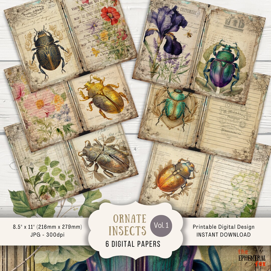 Ornate Insect Junk Journal Pages, 6 Digital Junk Journal Pages, 11 X 8. ...