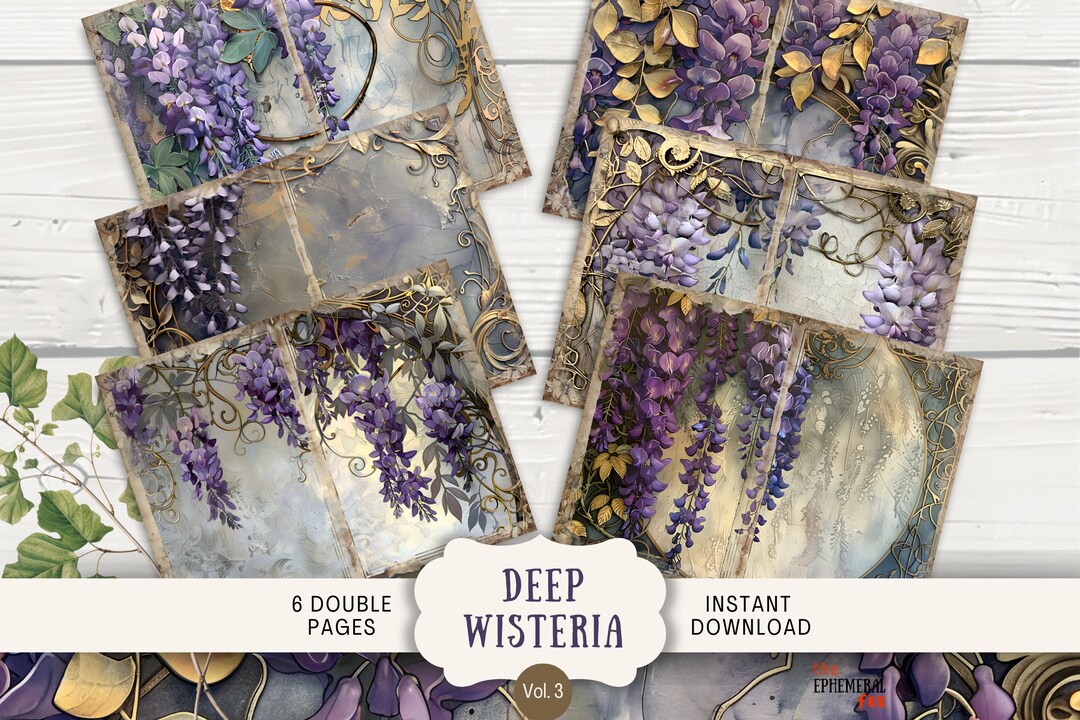 Gold Wisteria Junk Journal Pages, 6 Digital Scrapbook Pages, 11 X 8.5 ...