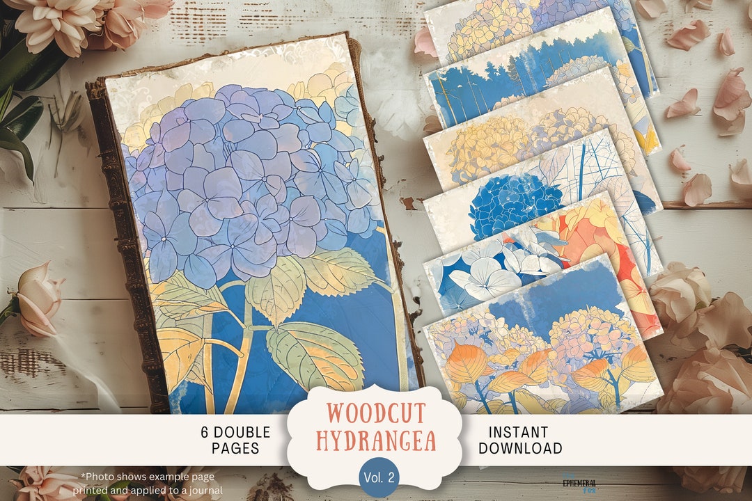 Woodcut Hydrangea Junk Journal Pages, 6 Digital Scrapbook Pages 11 X 8. ...
