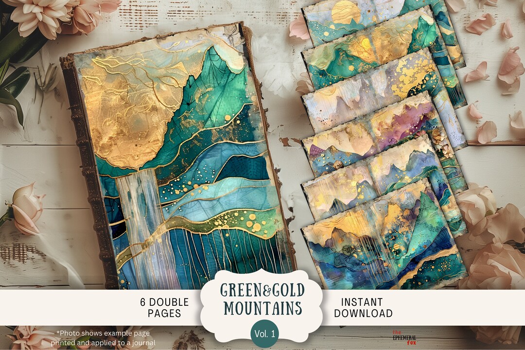 Gold & Green Waterfall Junk Journal Pages, 6 Digital Scrapbook Pages ...