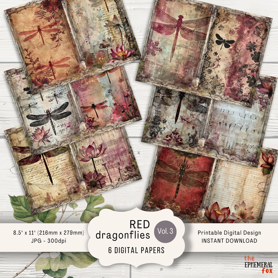 Dragonfly Junk Journal Papers Vol 3, 6 Digital Junk Journal Pages 11 X 8.5 Printable Journal ...