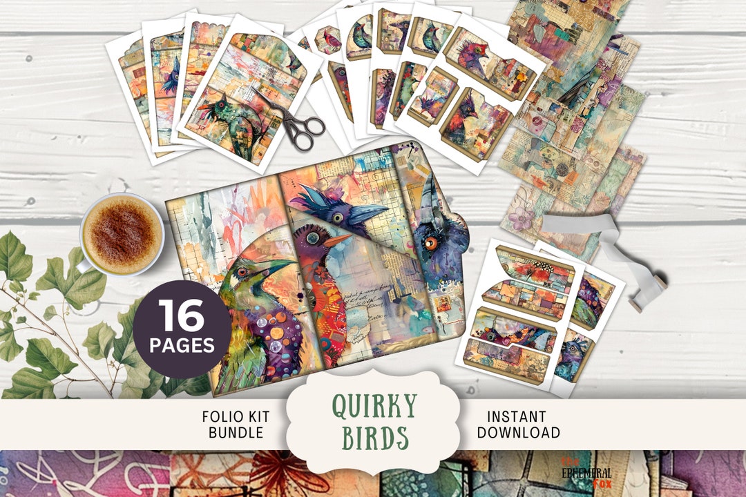 Quirky Birds Junk Journal Folio, 16 Digital Mix and Match Pages and ...