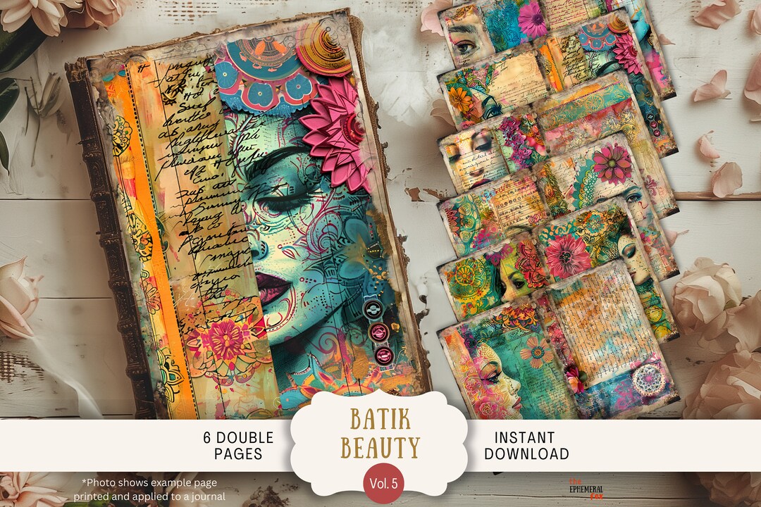 Batik Women Junk Journal Pages, 6 Digital Scrapbook Pages, 11 X 8.5 ...